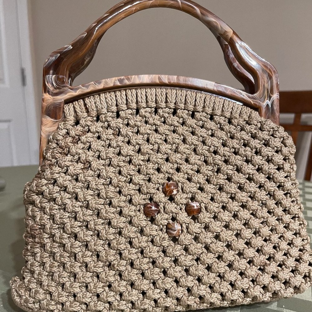 Vintage Handmade Macrame Accento Craft Clutch Purse B… - Gem